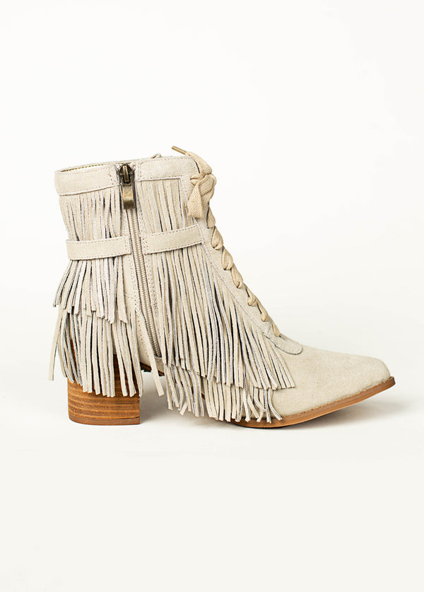 Nika Leather Fringe Boot in Bone - Joyfolie