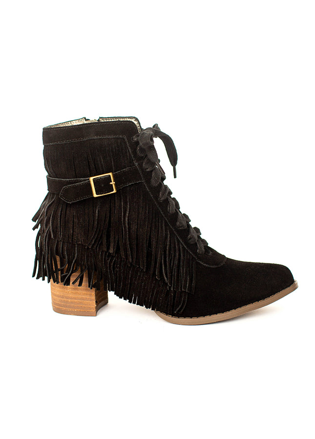 Nika Leather Fringe Boot in Black - Joyfolie